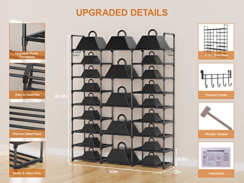 9 Tier Shoe Rack for Closet | Metal Shoe Shelf | Black Vertical Versatile Garage Entryway Tall Storage Organizer for 40-60 Pairs of Shoes and Boots | Large Capacity Sturdy Save Space Easy to Assemble