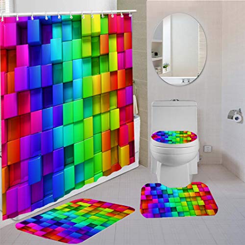Yuaobeimei Colorful Tie Dye Shower Curtain Abstract Rainbow Cube Block Brick-Like Geometric 4 Pieces Bathroom Sets with Mat Rugs 3D Curtain Fabric Bath Decor