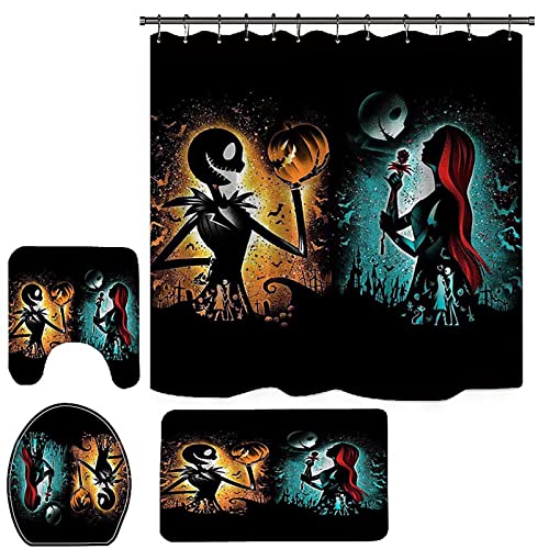 4 Pcs /Set Halloween Bathroom Decor Shower Curtain Sets with Bath Rugs ,Nightmare Before Christmas Bathtub Curtains Area Rug Mats Toilet Seat Cover Hooks Gray Skull Skeleton Blue Yellow (Black)