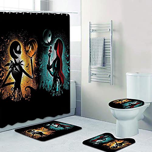 4 Pcs /Set Halloween Bathroom Decor Shower Curtain Sets with Bath Rugs ,Nightmare Before Christmas Bathtub Curtains Area Rug Mats Toilet Seat Cover Hooks Gray Skull Skeleton Blue Yellow (Black)
