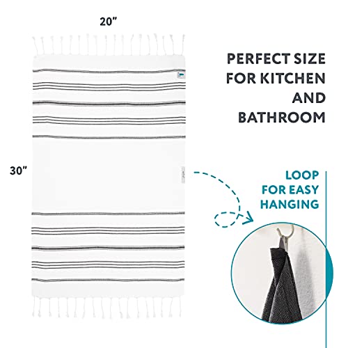 WETCAT Turkish Hand Towels with Hanging Loop (20 x 30) - Set of 2, 100% Cotton, Soft - Pre Washed Boho Farmhouse Kitchen Towels - Unique Decorative Hand Towels for Bathroom (Black & White)