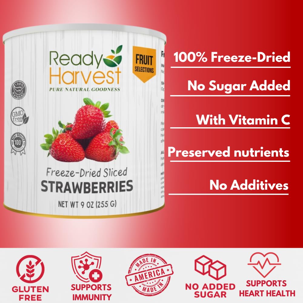 Ready Harvest Freeze Dried Strawberries | Healthy Emergency Snacks | Hurricane preparedness items as survival food | Pantry Staples | #10 Can | 30 Year Shelf Life