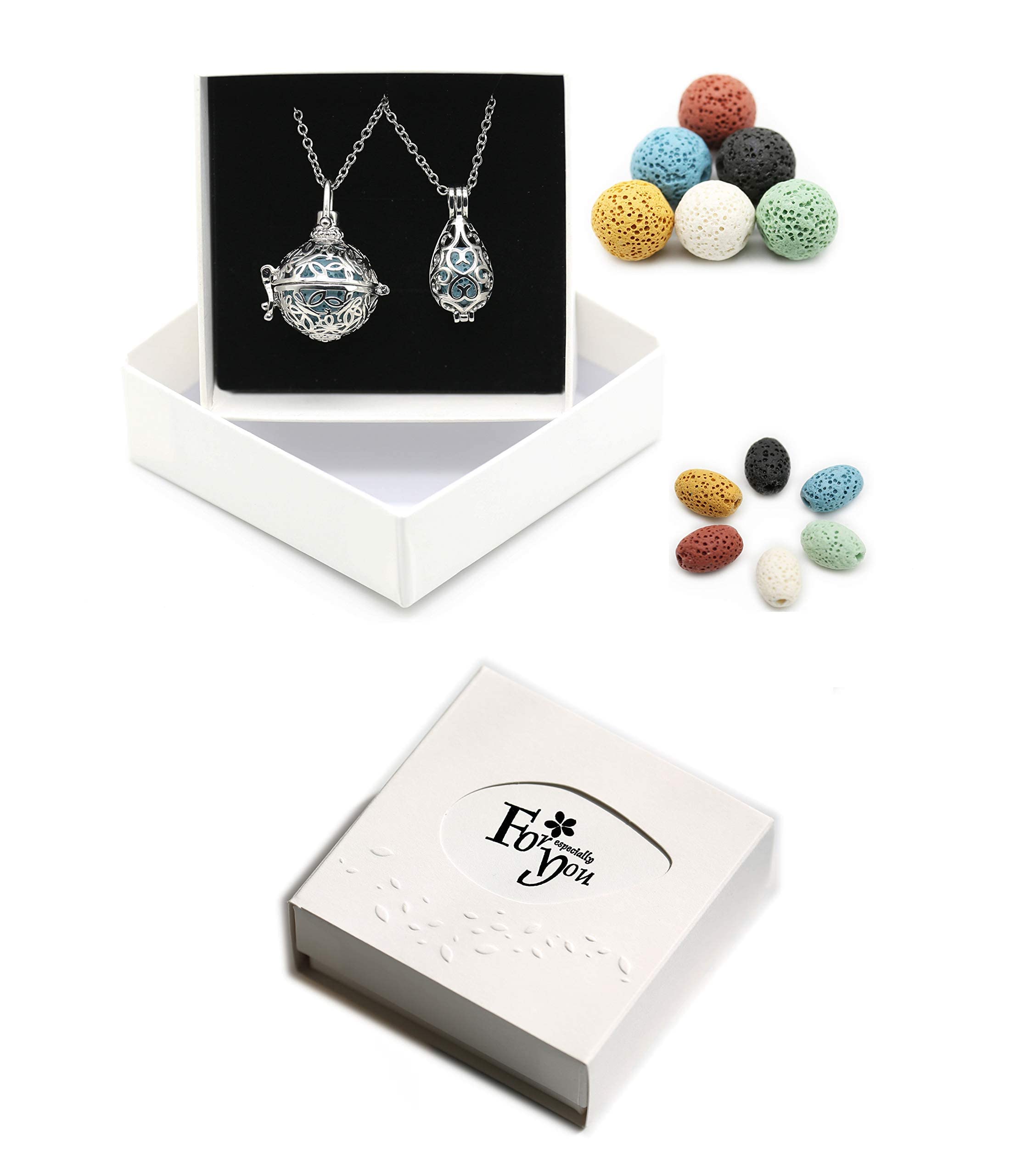 Fanmlilfe HEDQFM 2 PCS Essential Oil Diffuser Necklace with a Gift Box,Hollow Ball and Teardrop Aromatherapy Pendant Locket Necklace with Adjustable Chain and Colored Lava Stone for Women