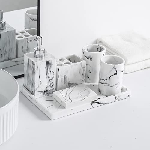 Resin Vintage Marble Bathroom Accessories Sets Luxury 6-Piece Bathroom Decoration Soap Dispenser,Cups,Toothbrush Holder