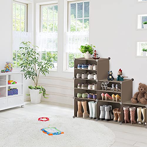 YIHATA Shoe Rack Cabinet 16 Pair Shoe Storage Cabinet with Doors for Entryway 8-Tier Plastic Shoe Shelves with Covered DIY Freestanding Shoe Tower for Closet Entryway Hallway Bedroom (Coffee)