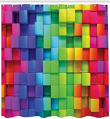 Yuaobeimei Colorful Tie Dye Shower Curtain Abstract Rainbow Cube Block Brick-Like Geometric 4 Pieces Bathroom Sets with Mat Rugs 3D Curtain Fabric Bath Decor