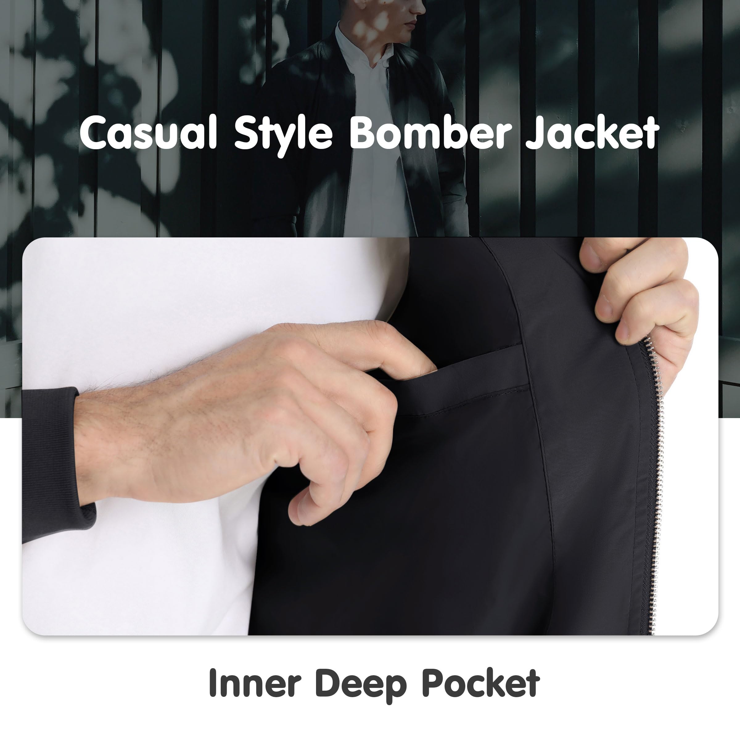 MAGNIVIT Black Bomber Coat Mens Jacket Fashion Trendy Mens Bomber Coats Lightweight Windbreaker Jackets Lightweight Full Zip Flight Jacket