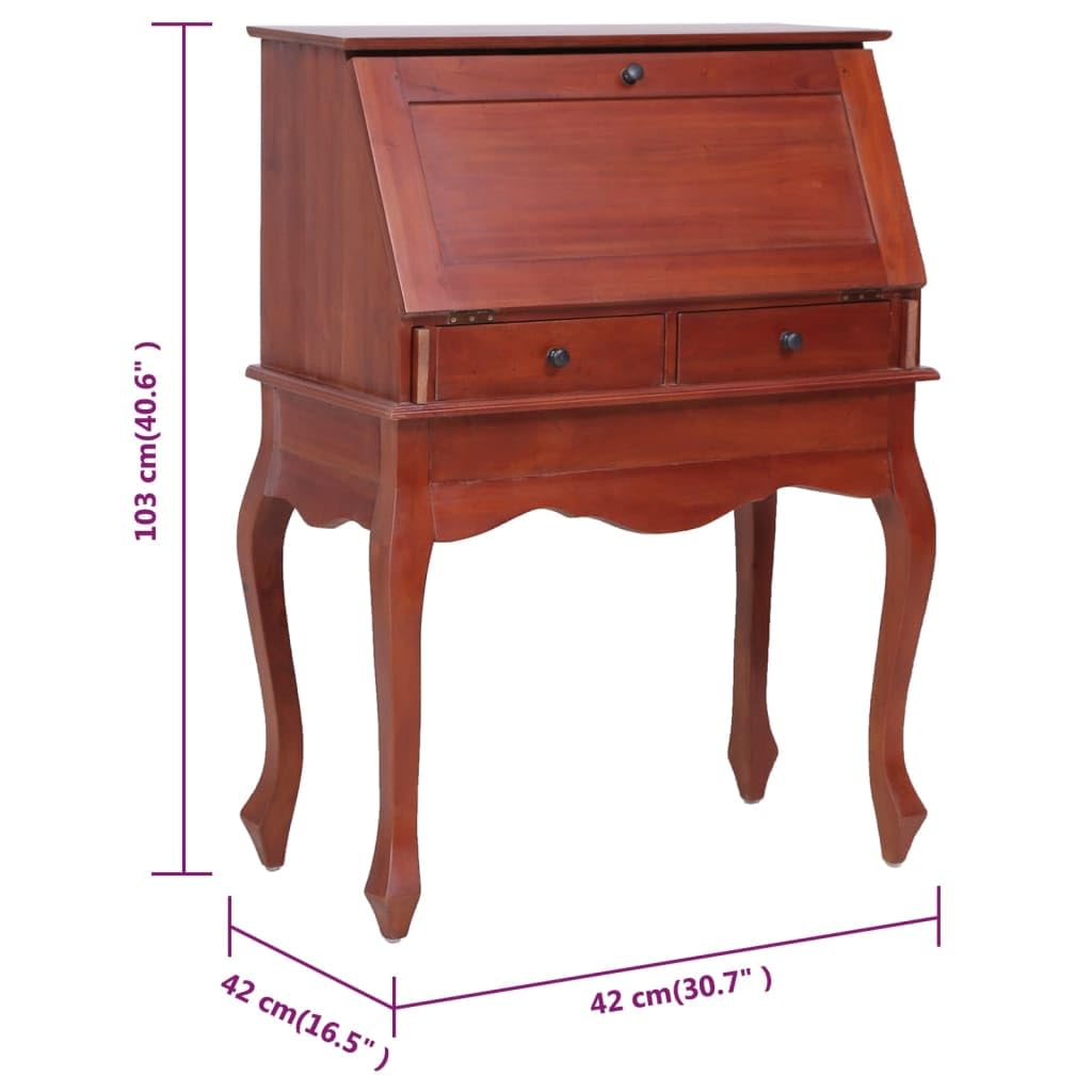 vidaXL Vintage-Style Secretary Desk - Solid Mahogany Wood Desk with Drawers and Compartments - Brown Finish, Rectangular Farmhouse Writing Desk
