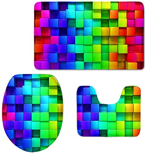 Yuaobeimei Colorful Tie Dye Shower Curtain Abstract Rainbow Cube Block Brick-Like Geometric 4 Pieces Bathroom Sets with Mat Rugs 3D Curtain Fabric Bath Decor