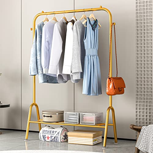 YMHT Garment Rack Metal Gold Clothing Rack with Shelves Clothes Rack with Shoe Shelves Hat Hooks Bedroom Cloakroom (Gold)