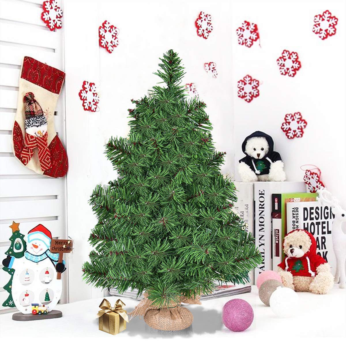 3FT Artificial Tabletop Christmas Tree, Premium Spruce Christmas Tree w/Burlap Base, for Xmas Indoor Decor