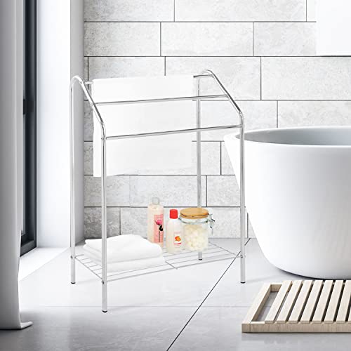 MyGift Silver Chrome Metal Freestanding Towel Rack for Bathroom Laundry Room Spa with 3 Tiered Bars and Storage Shelf, Clothes and Towel Drying Rack Stand