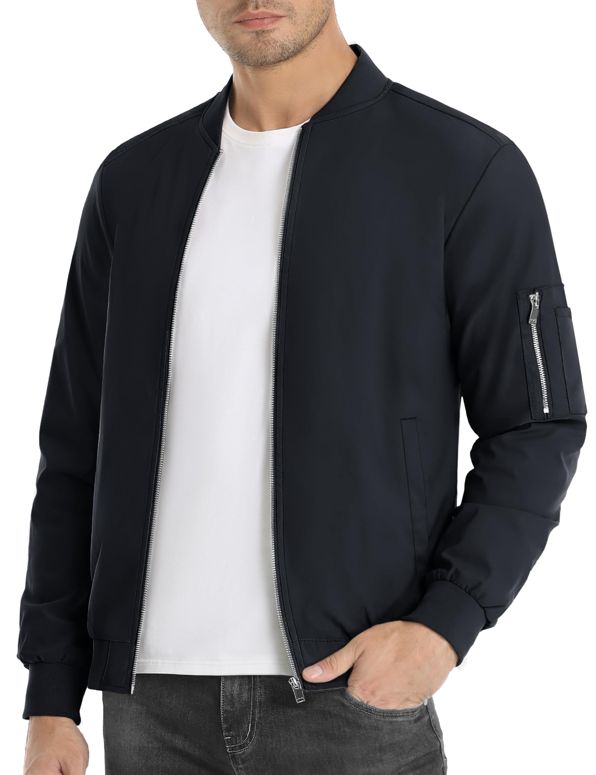 MAGNIVIT Black Bomber Coat Mens Jacket Fashion Trendy Mens Bomber Coats Lightweight Windbreaker Jackets Lightweight Full Zip Flight Jacket