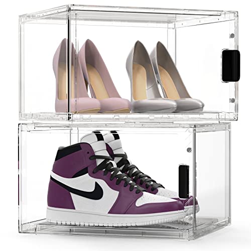SEE SPRING Sneaker Cases for Sneakerheads Shoe Storage Boxes Clear Stackable Sneaker Display Boxes Shoe Organizers Fit up to Size 16 Containers Pack of 2