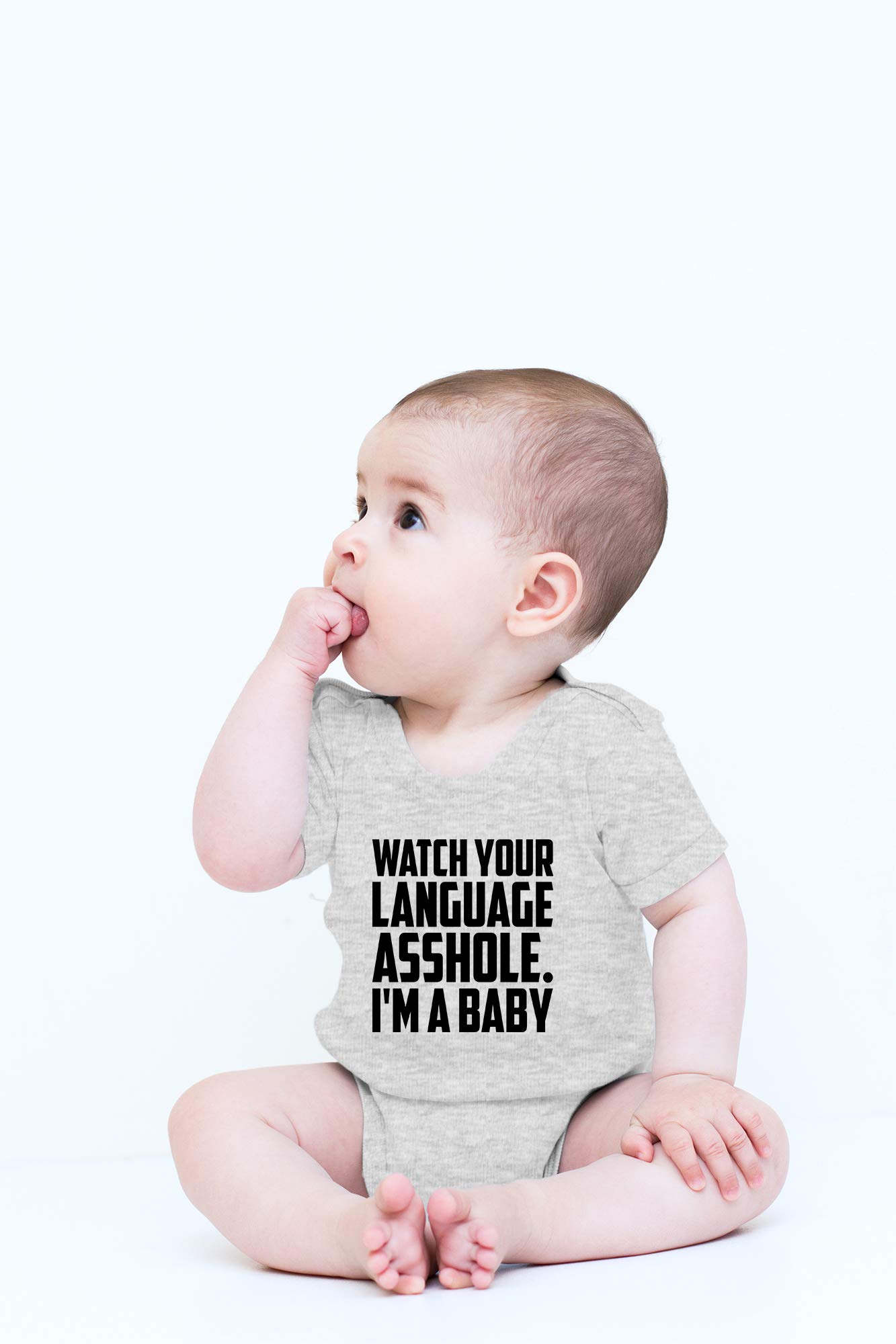 CBTwear Watch Your Language - Baby Clothes - Funny Newborn Bodysuit Outfits for Boys and Girls (12 Months, Heather Grey)