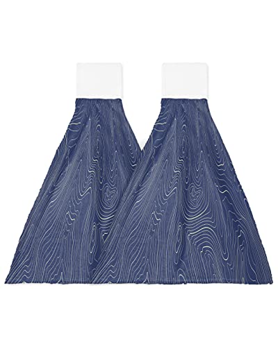 Ldtrchee Navy Blue Hand Towel with Hanging Loop, Abstract Mountains Line Minimalist Art Hanging Tie Towels Set 2 Pcs, Kitchen Absorbent Towel for Bathroom Tea Bar Laundry