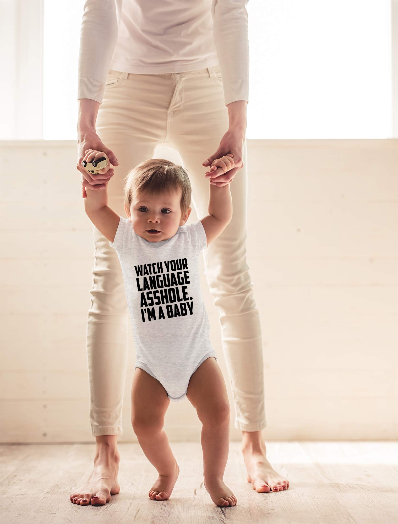 CBTwear Watch Your Language - Baby Clothes - Funny Newborn Bodysuit Outfits for Boys and Girls (12 Months, Heather Grey)