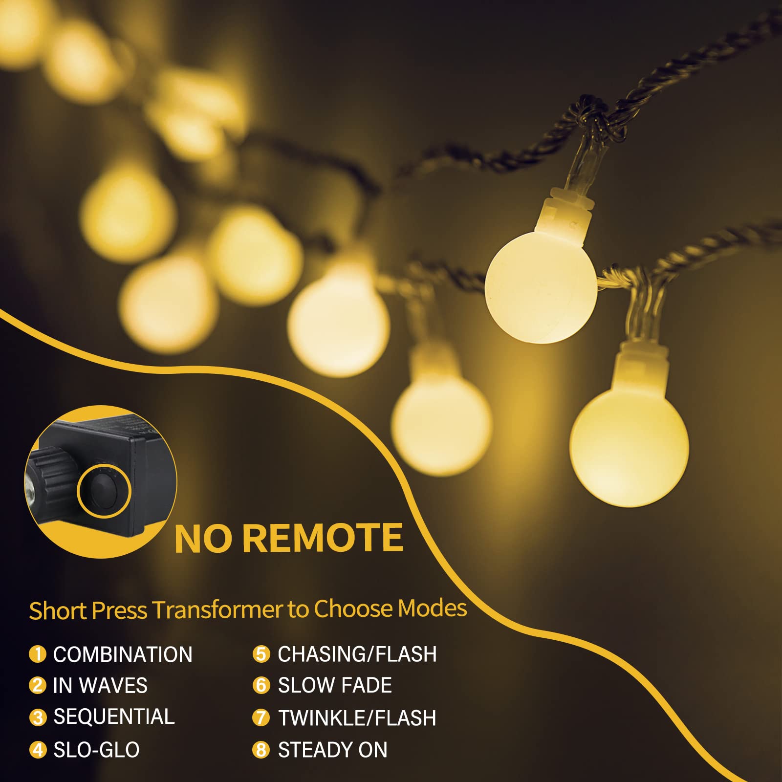 VGGFDY Globe String Lights 43ft 70 Led, Indoor/Bedroom, 8 Modes Fairy Lights Plug in, Extendable Outdoor Decorative Lights for Christmas Decoration, Patio, Wedding, Warm White, No Remote