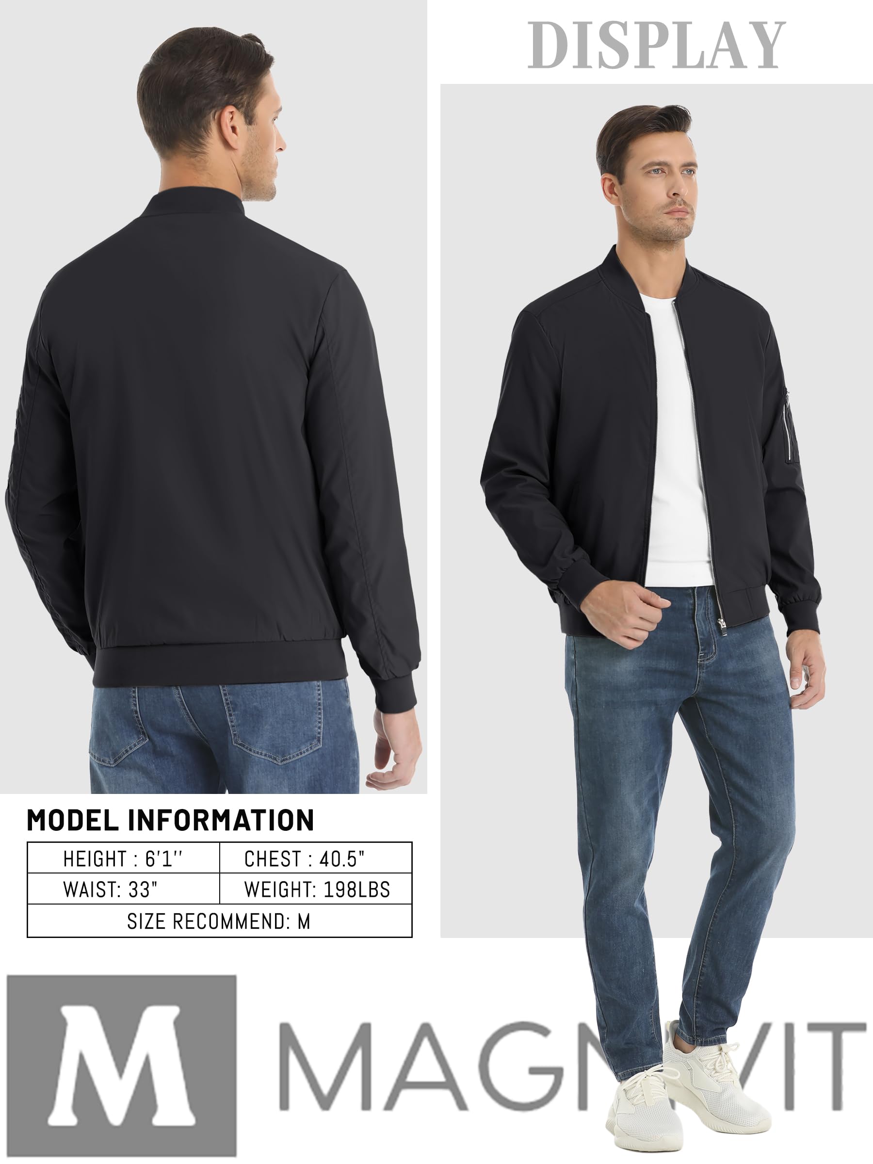 MAGNIVIT Black Bomber Coat Mens Jacket Fashion Trendy Mens Bomber Coats Lightweight Windbreaker Jackets Lightweight Full Zip Flight Jacket