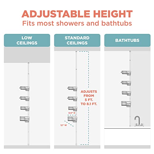 Zenna Home Rust-Resistant Corner Shower Caddy for Bathroom, 4 Adjustable Corner Hugging L-shaped Shelves, with Tension Pole, for Bath and Shower Storage, 60-97 Inch, Satin Nickel