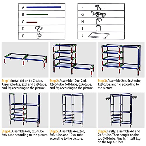 TeqHome Garment Rack, 42'' Freestanding Clothes Rack Shoe Clothing Organizer Shelves, Multifunctional Clothes Wardrobe with 4 Hooks & 2 Hanging Rods, Coated Iron Frame, Easy Assembly, Max Load 350lbs