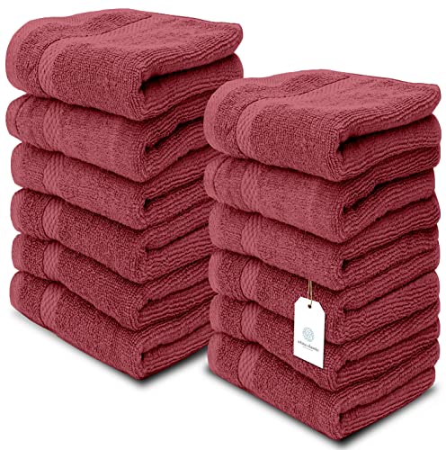 White Classic Luxury Hand Towels | 6 Pack Luxury Cotton Washcloths | 12 Pack Bundle (Burgundy)