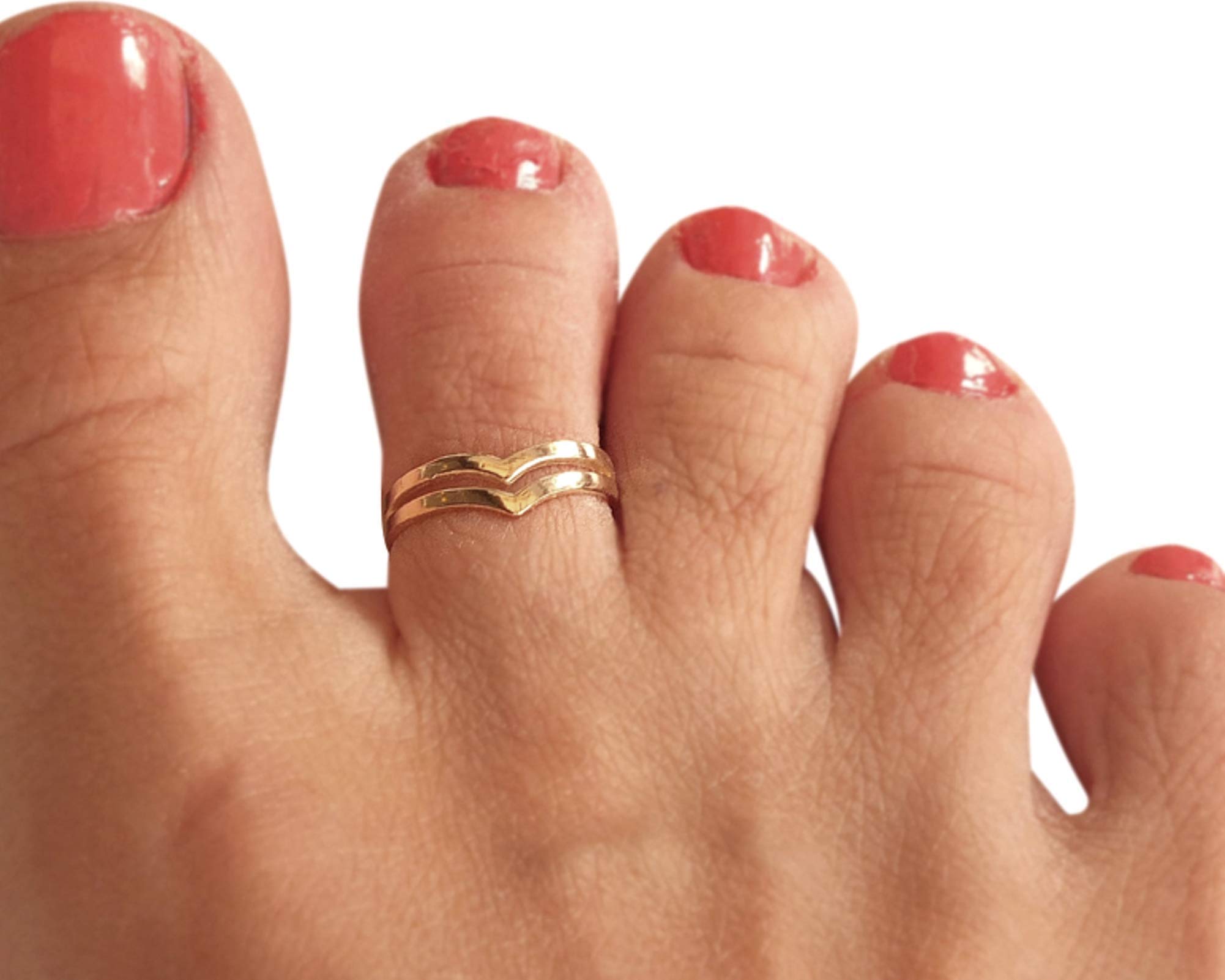 Handmade Gold V-Shape Band Adjustable Toe Ring, Yellow Gold Plated over Sterling Silver, Double Chevron Classic Dainty Open Toe, Pinky or Knuckle Rings for Women, By MiYa Jewelry