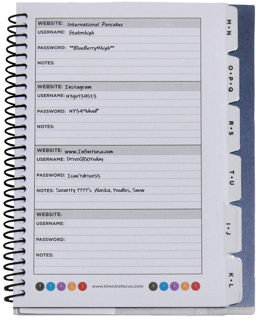RE-FOCUS THE CREATIVE OFFICE, Password Book Keeper, Black, Small, Mini, Alphabetical Tabs, Spiral Bound, Removable Sheets, Journal Organizer, Includes, Website, Address, Username, Password