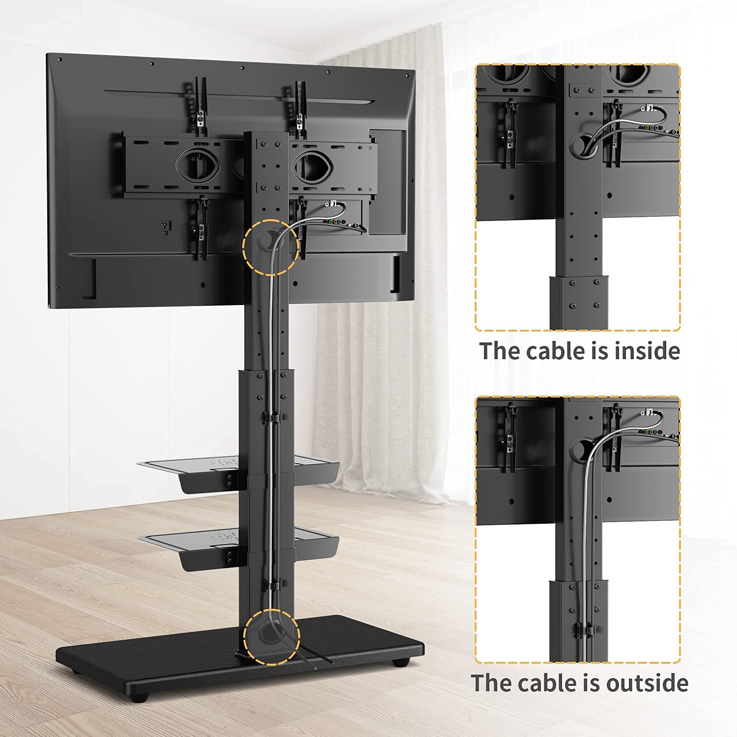 Universal Floor TV Stand with Height Adjustable Swivel Mount and 3 Media Storage Shelves, Fit for 42 43 47 50 55 60 65 70 75 Inch Plasma LCD LED OLED Flat or Curved Screen TVs