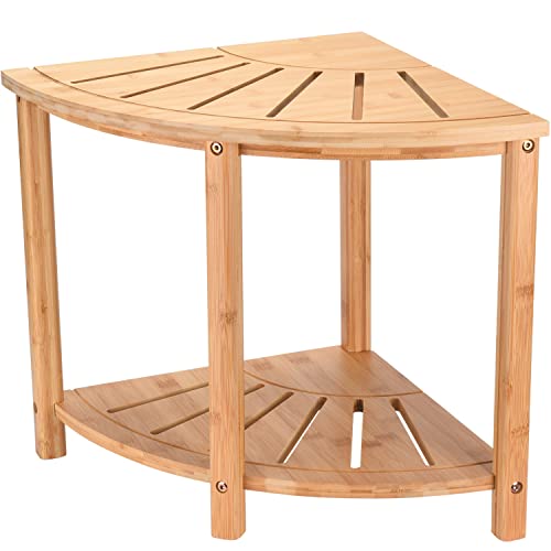 Bamodi Bamboo Corner Stool with Storage Shelf for Inside Shower - Wooden Bathroom Bench for Shaving Legs - Storage Organizer for Small Spaces - Decorative Wood Chair for Indoor and Outdoor Use