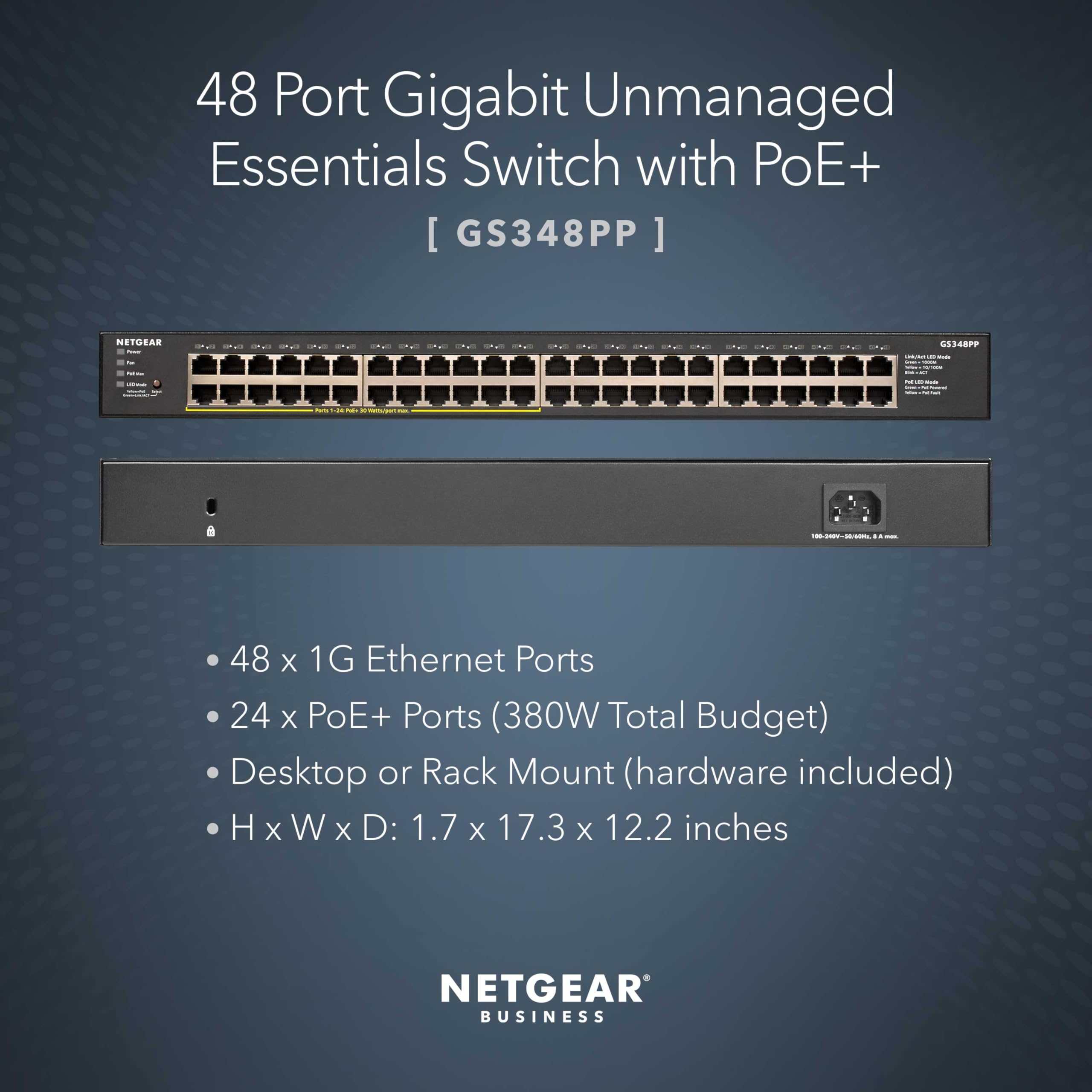 NETGEAR 48-Port Gigabit Ethernet Unmanaged Essentials PoE+ Switch (GS348PP) - with 24 x PoE+ @ 380W, Desktop or Rackmount