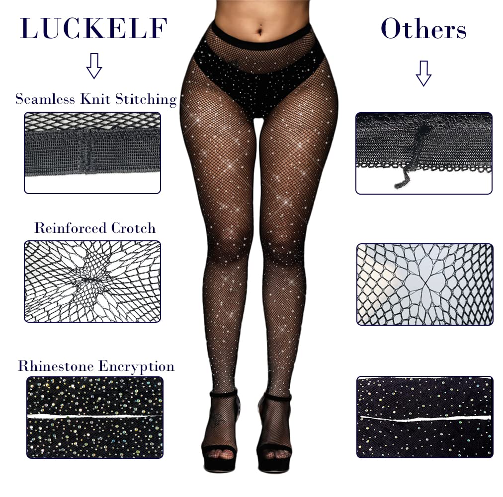 LUCKELF Sexy High Waist Tights Sparkle Rhinestone Fishnets Party Rhinestone Mesh Stockings (Free Size, Black/Rhinestone)