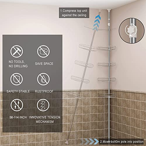 ALLZONE Rustproof Shower Caddy Corner for Bathroom,Bathtub Storage Organizer for Shampoo Accessories,4 Tier Adjustable Shelves with Tension Pole, 56 to 114 Inch, Silver
