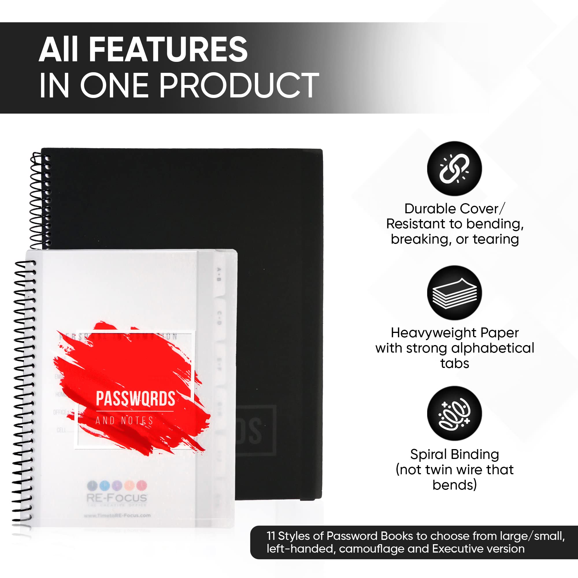 RE-FOCUS THE CREATIVE OFFICE, Password Book Keeper, Black, Small, Mini, Alphabetical Tabs, Spiral Bound, Removable Sheets, Journal Organizer, Includes, Website, Address, Username, Password