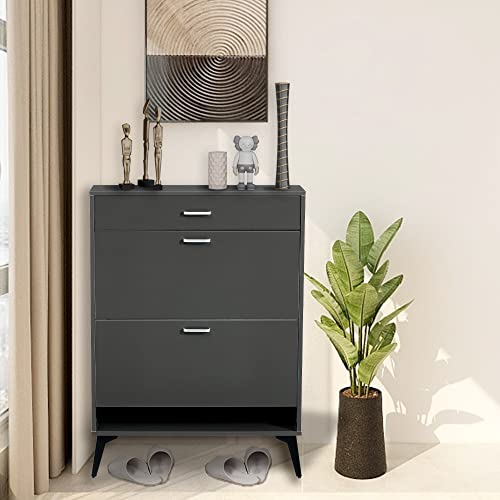 ME2 Shoe Cabinet for Entryway with 1 Slide Drawer & 2 Flip Drawers, Freestanding Shoe Rack Storage Organizer (Grey)