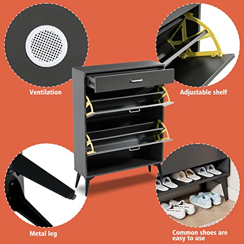 ME2 Shoe Cabinet for Entryway with 1 Slide Drawer & 2 Flip Drawers, Freestanding Shoe Rack Storage Organizer (Grey)