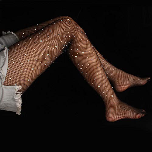 LUCKELF Sexy High Waist Tights Sparkle Rhinestone Fishnets Party Rhinestone Mesh Stockings (Free Size, Black/Rhinestone)