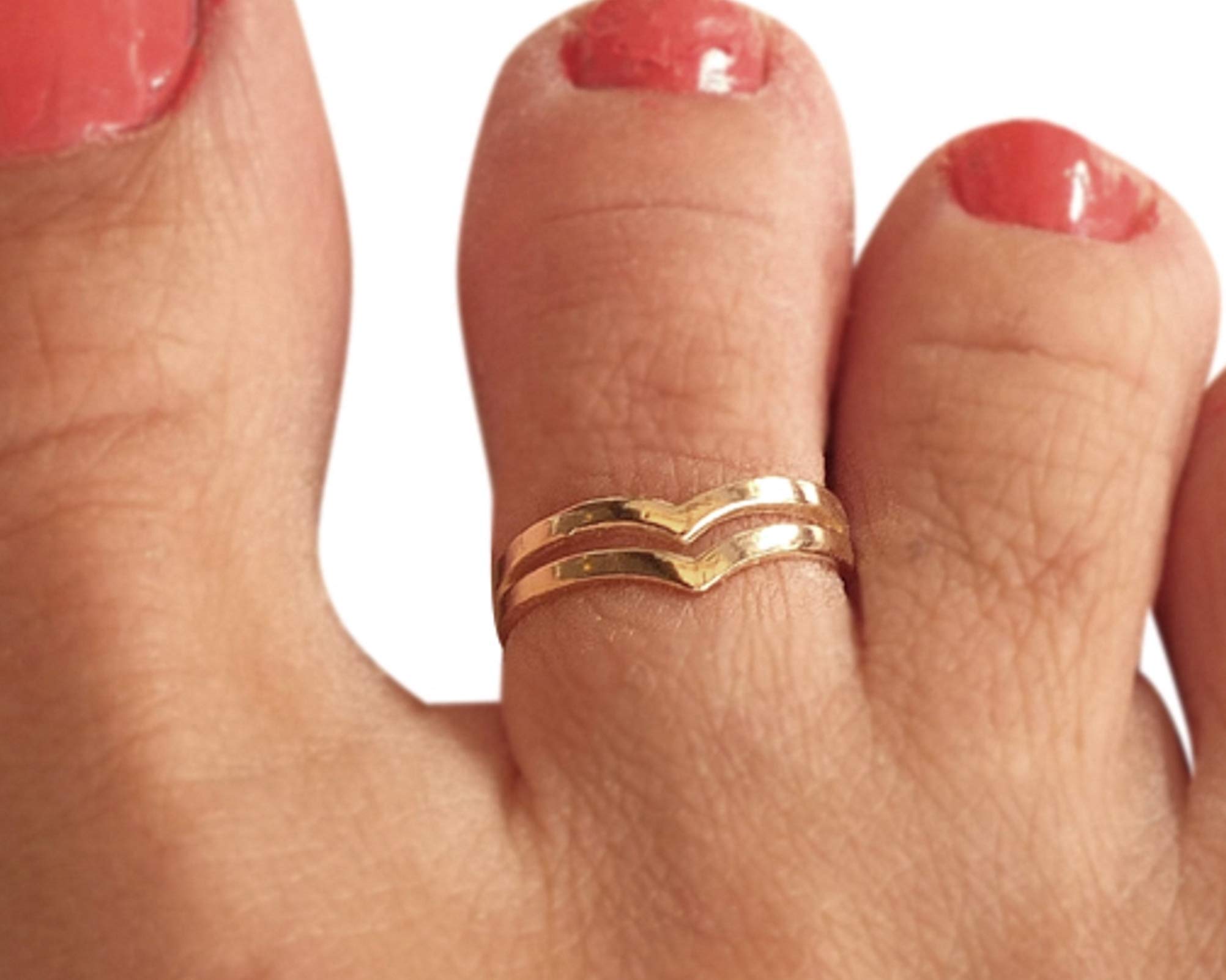 Handmade Gold V-Shape Band Adjustable Toe Ring, Yellow Gold Plated over Sterling Silver, Double Chevron Classic Dainty Open Toe, Pinky or Knuckle Rings for Women, By MiYa Jewelry