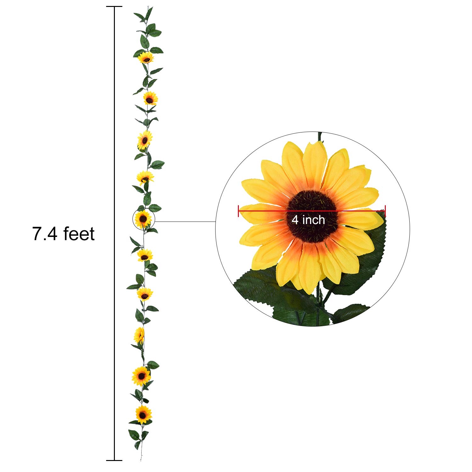 Lvydec 4 Pack Artificial Sunflower Garland - Silk Sunflower Vine Artificial Flowers Garland with Green Leaves for Wedding Party Table Decoration
