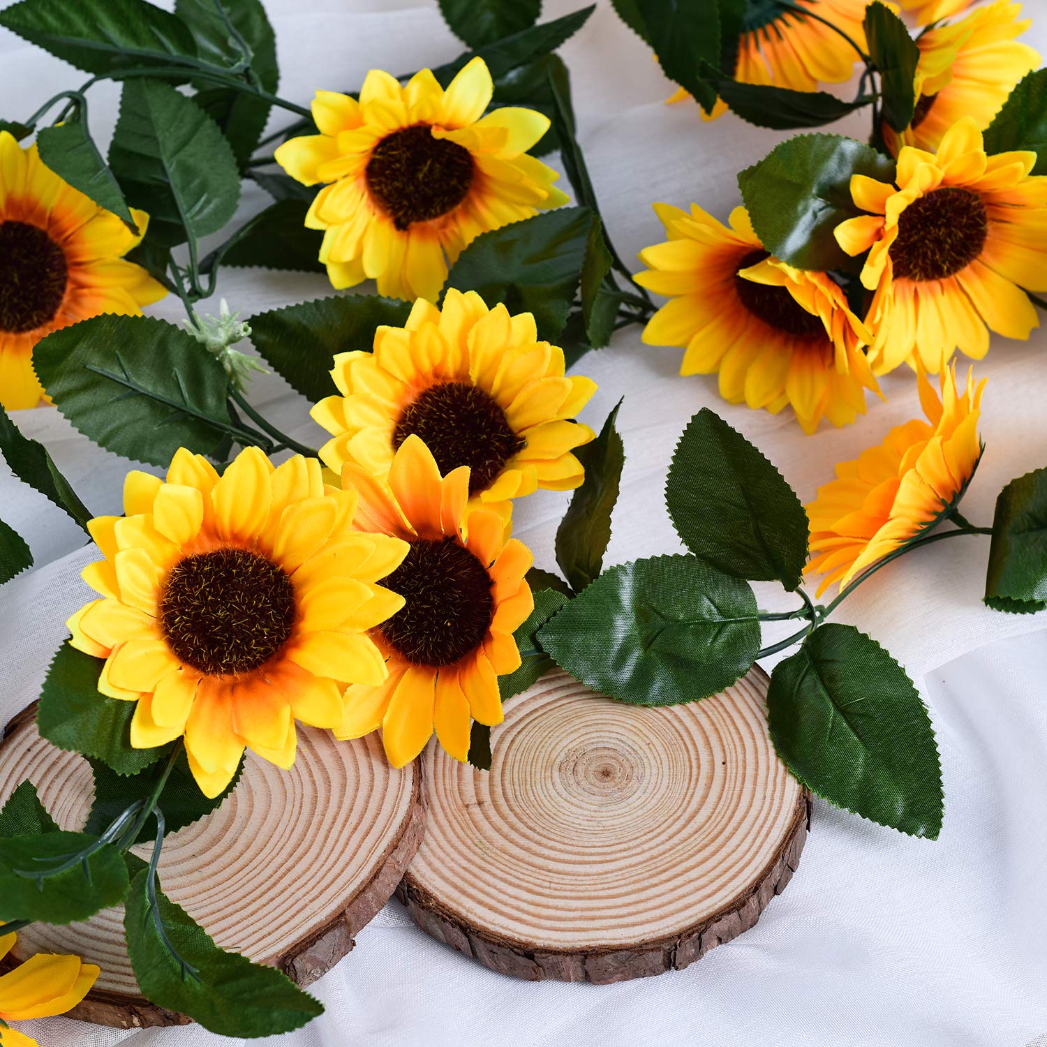 Lvydec 4 Pack Artificial Sunflower Garland - Silk Sunflower Vine Artificial Flowers Garland with Green Leaves for Wedding Party Table Decoration