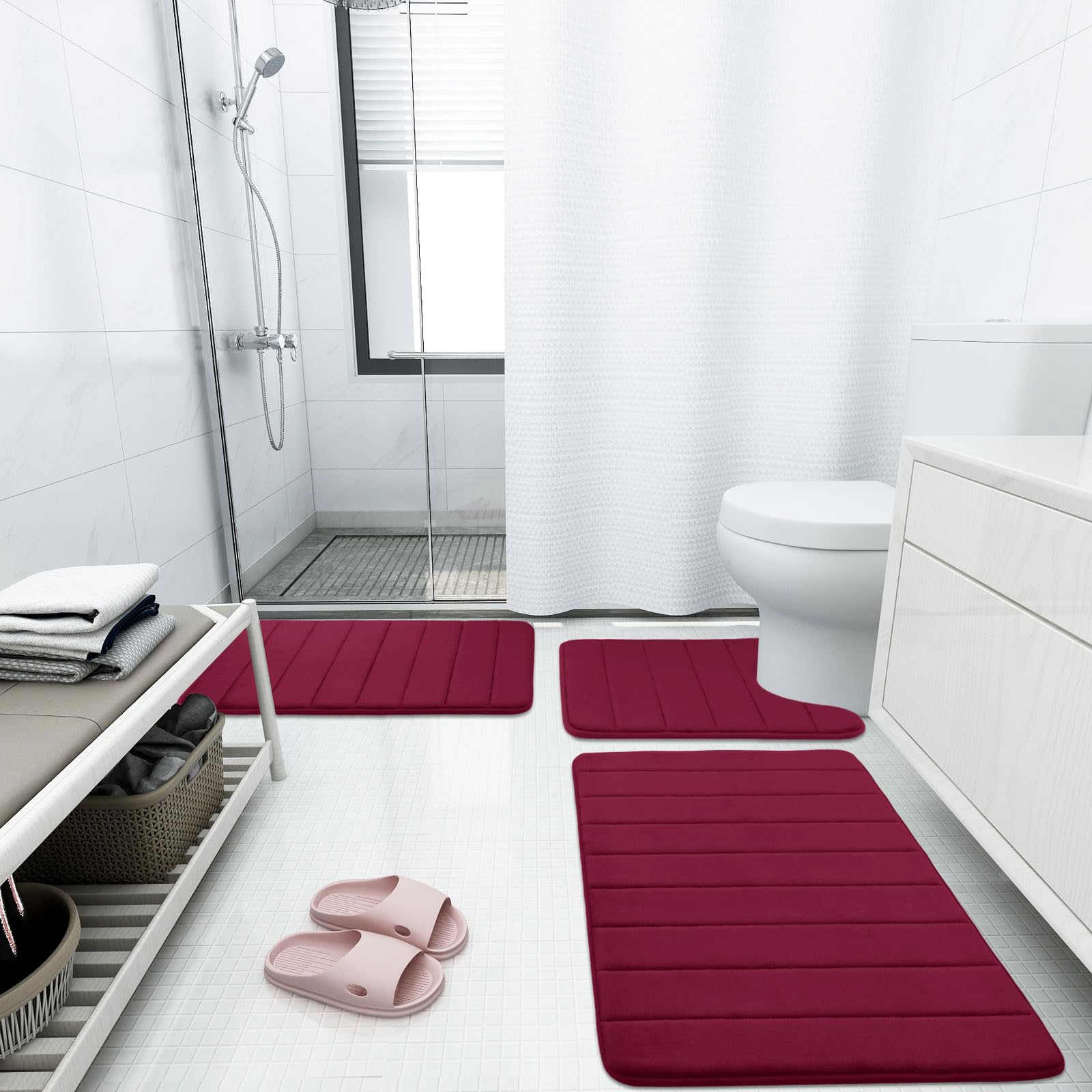Buganda Memory Foam Bath Mat, 30" x 20", Ultra Soft and Non-Slip Bathroom Rugs, Water Absorbent and Machine Washable Bath Rug for Bathroom, Shower, and Tub, Burgundy