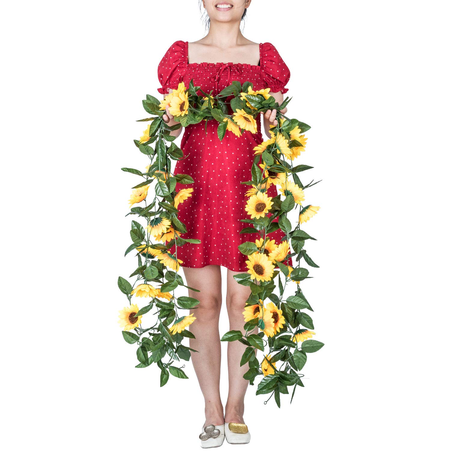 Lvydec 4 Pack Artificial Sunflower Garland - Silk Sunflower Vine Artificial Flowers Garland with Green Leaves for Wedding Party Table Decoration