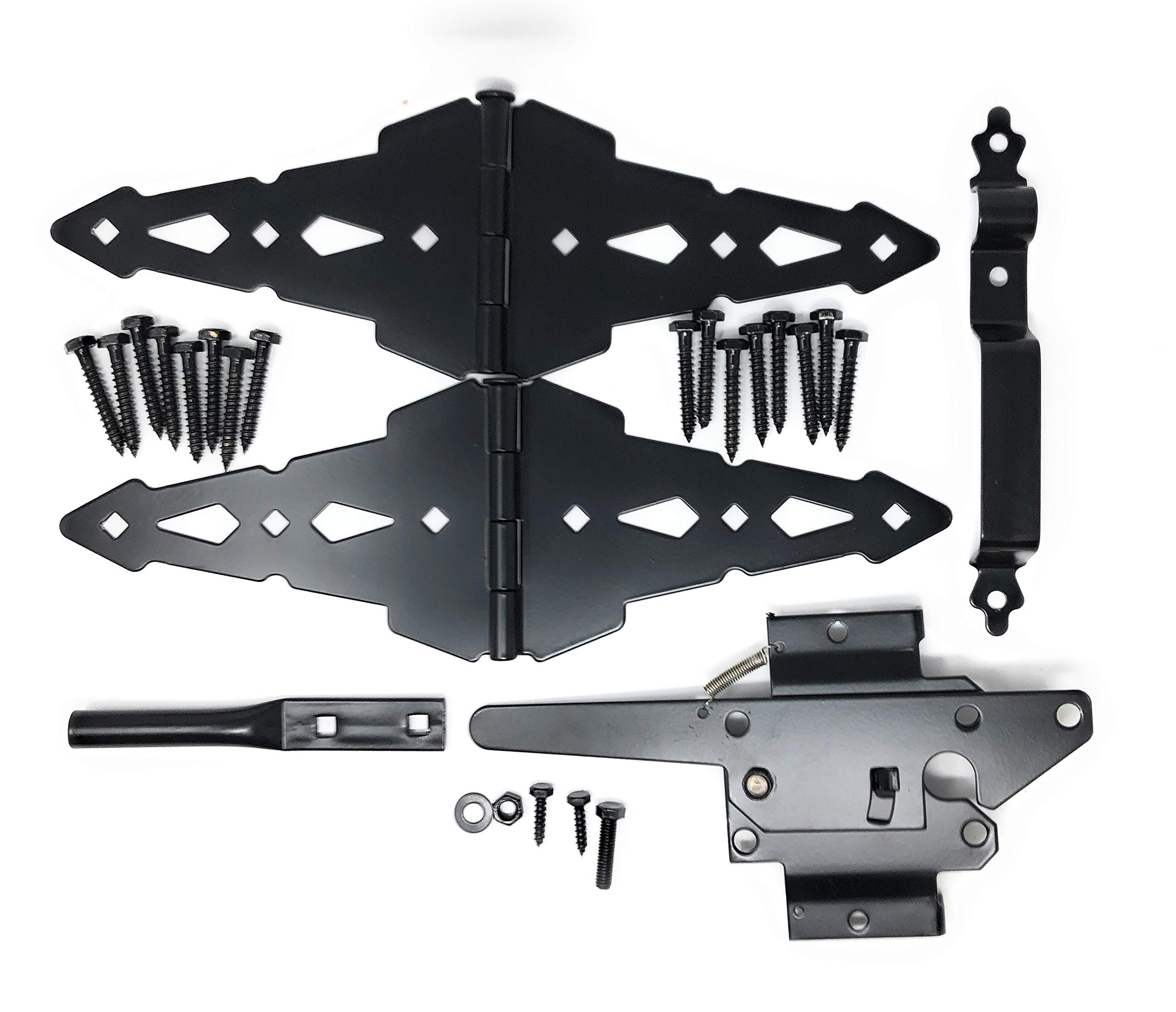 Wood Gate Hardware Set β Heavy Duty Kit for Fence Swing Gate- Outdoor Decorative Black Finish w/ 8β Strap Hinges and Spring Loaded Latch
