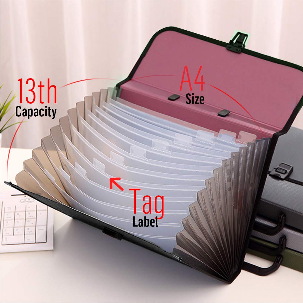 Expanding File Folder with Handle, 2019 New 13-Pocket Plastic Expandable File Organizer, A4 Size Waterproof & Durable Accordion File Organizer for School, Office(Red)