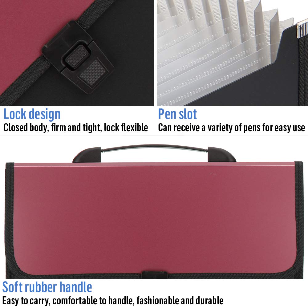 Expanding File Folder with Handle, 2019 New 13-Pocket Plastic Expandable File Organizer, A4 Size Waterproof & Durable Accordion File Organizer for School, Office(Red)