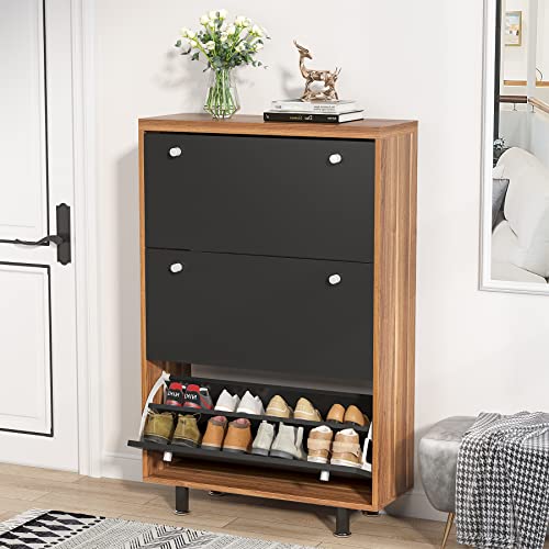 Tribesigns 3 Drawer Shoe Cabinet, Freestanding Shoe Rack Storage Organizer with Flip Door, Modern Tipping Bucket Shoe Cabinet for Entryway, Hallway, Bedroom, Small Spaces, Walnut & Black