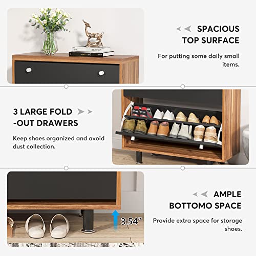 Tribesigns 3 Drawer Shoe Cabinet, Freestanding Shoe Rack Storage Organizer with Flip Door, Modern Tipping Bucket Shoe Cabinet for Entryway, Hallway, Bedroom, Small Spaces, Walnut & Black