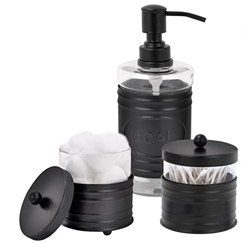 Autumn Alley Adorable 3 Piece Modern Farmhouse Bathroom Accessory Set for Sink/Vanity - Black Soap Dispenser, Cotton Ball Container with Lid, Qtip Organizer β Rustic Farmhouse Bathroom Decor