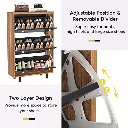 Tribesigns 3 Drawer Shoe Cabinet, Freestanding Shoe Rack Storage Organizer with Flip Door, Modern Tipping Bucket Shoe Cabinet for Entryway, Hallway, Bedroom, Small Spaces, Walnut & Black