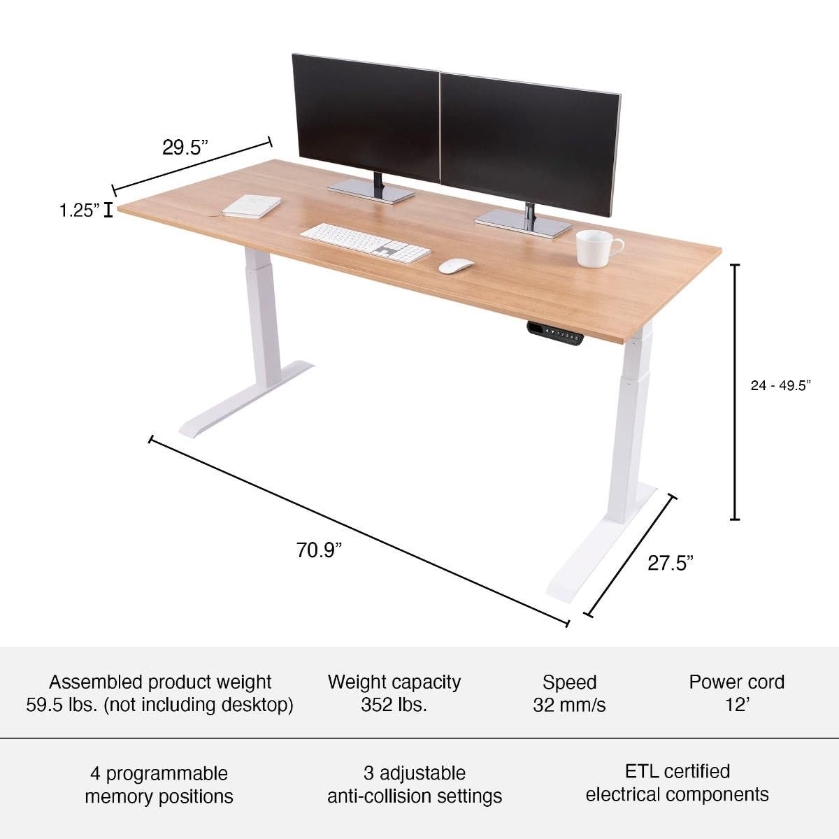 Stand Up Desk Store Electric Adjustable Height Standing Desk with Programmable Memory (White Frame/Natural Walnut Top, 72" Wide)